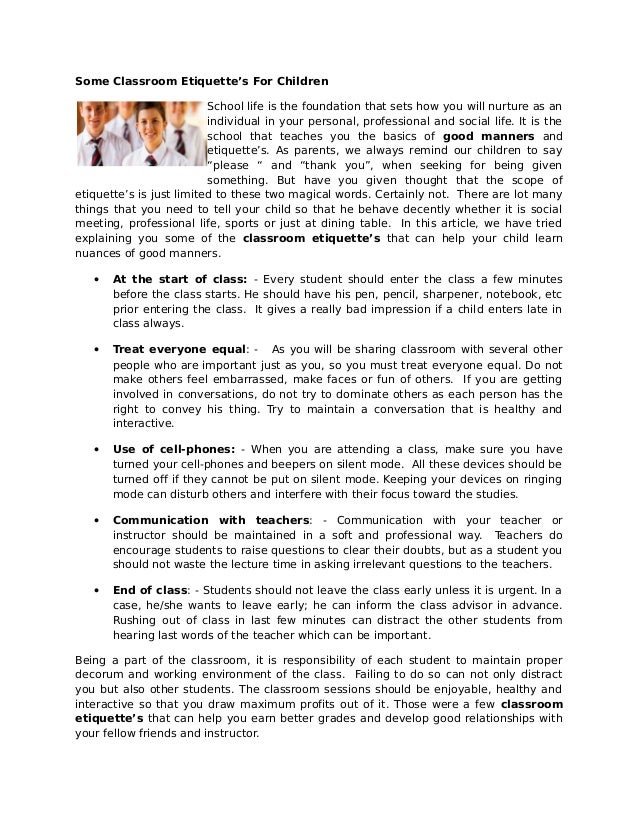 Some Classroom Etiquette s For Children Some Classroom Etiquette s For Children