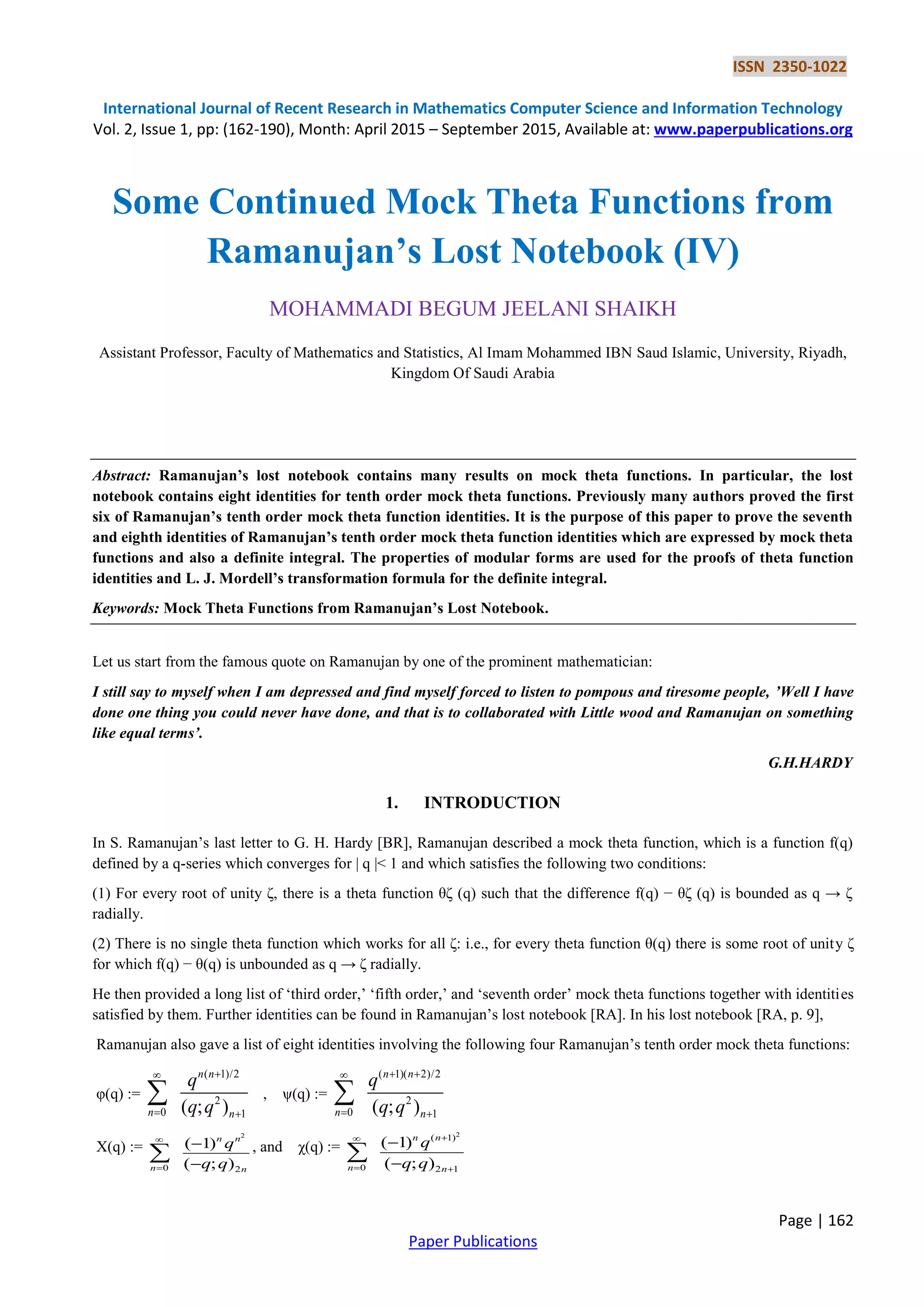 Some Continued Mock Theta Functions from Ramanujan’s Lost Notebook (IV) | PDF | Physics | Science
