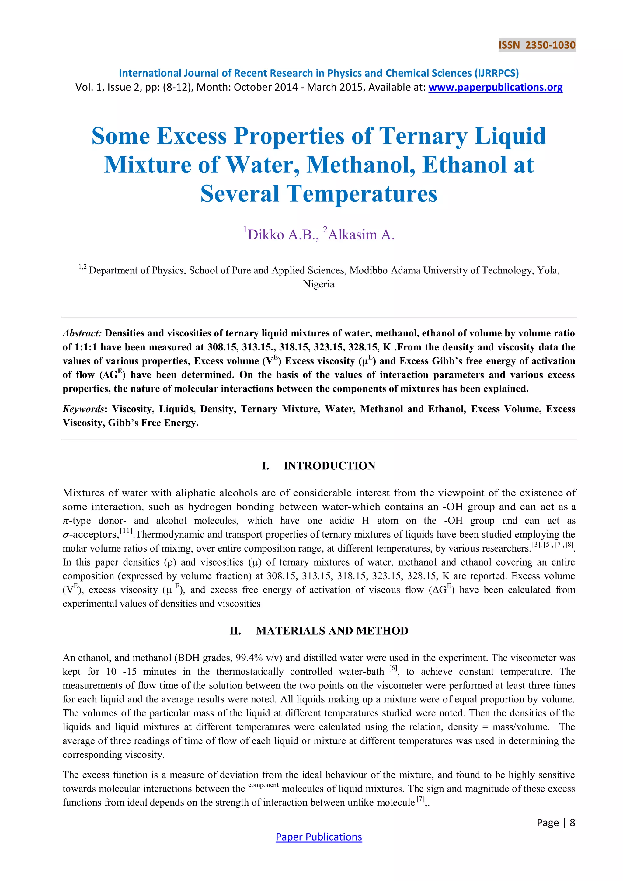 Some Excess Properties of Ternary Liquid Mixture of Water, Methanol ...