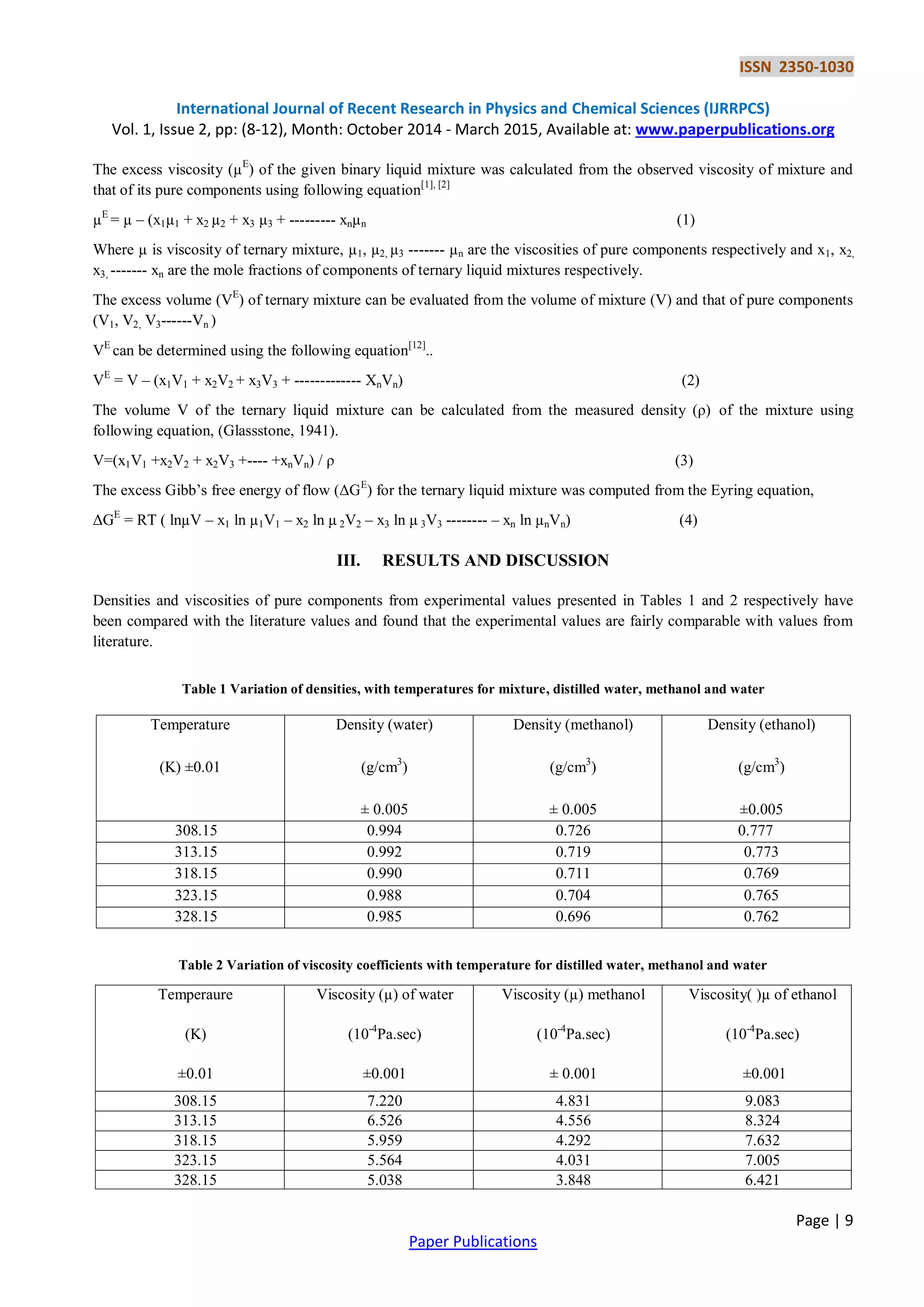 Some Excess Properties of Ternary Liquid Mixture of Water, Methanol ...