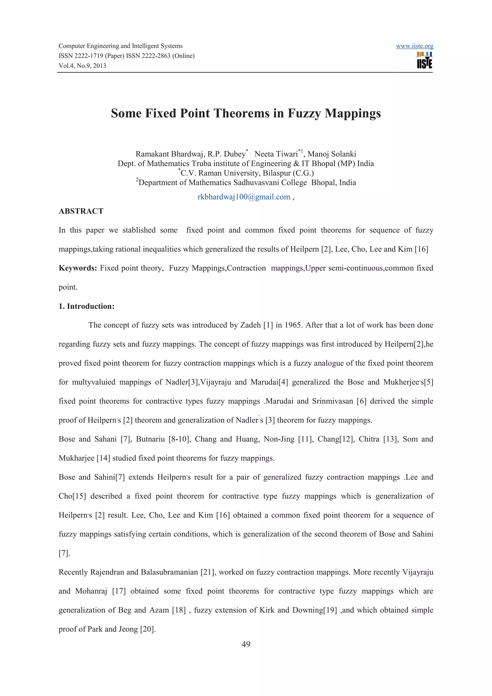 Some Fixed Point Theorems In Fuzzy Mappings Pdf