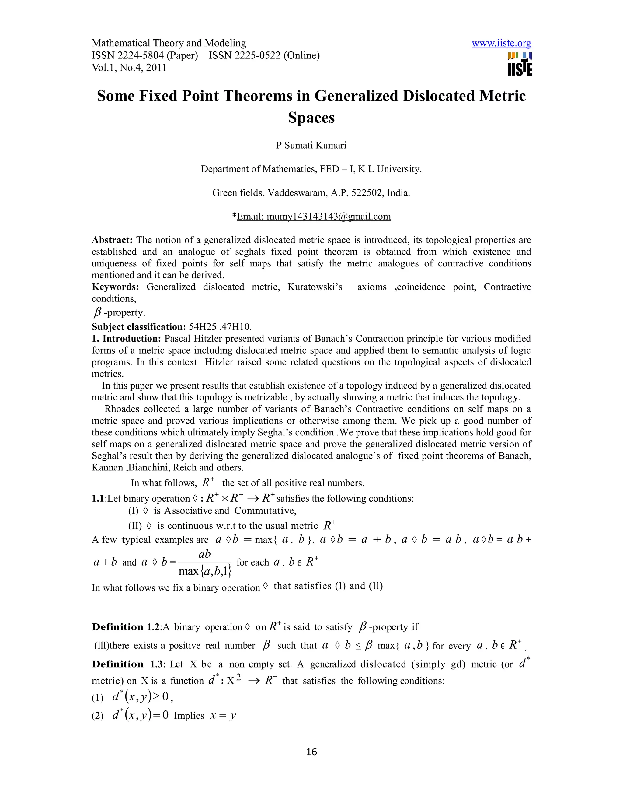 Some Fixed Point Theorems In Generalised Dislocated Metric Spaces Pdf