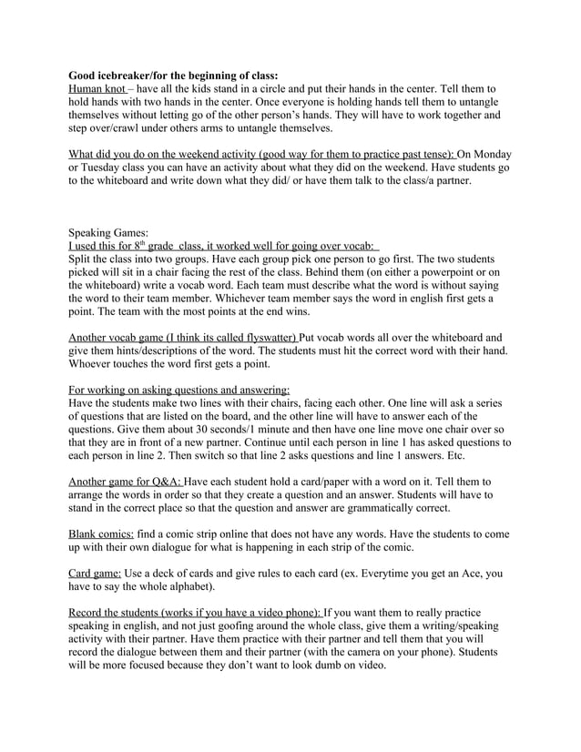 Some Game Ideas For Class Some Game Ideas For Class