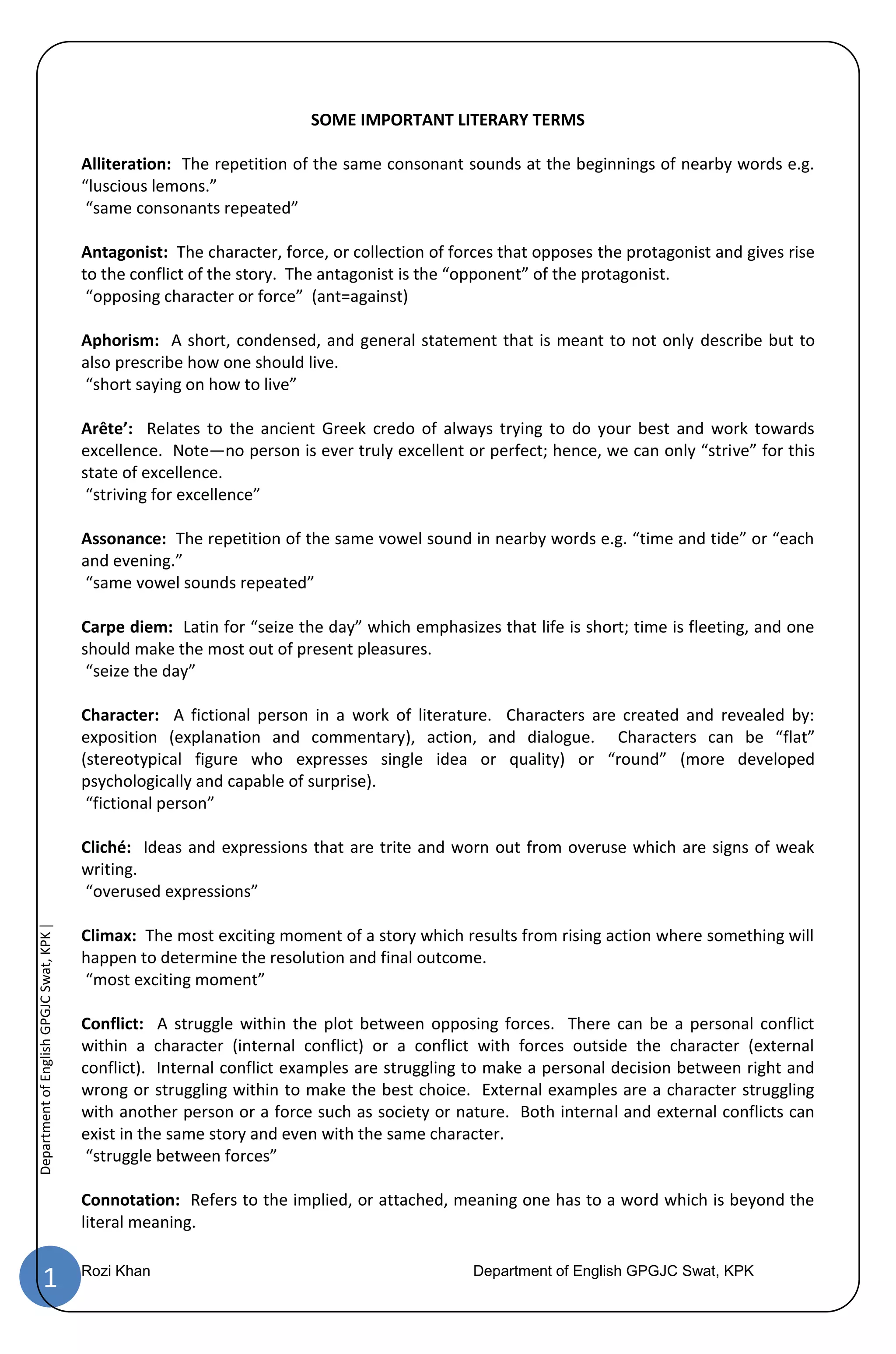 Some important literary terms | PDF