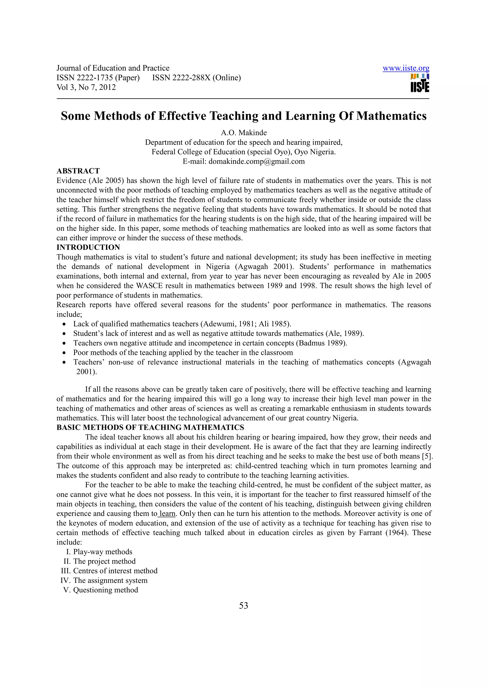 Some methods of effective teaching and learning of mathematics | PDF Some methods of effective teaching and learning of mathematics | PDF