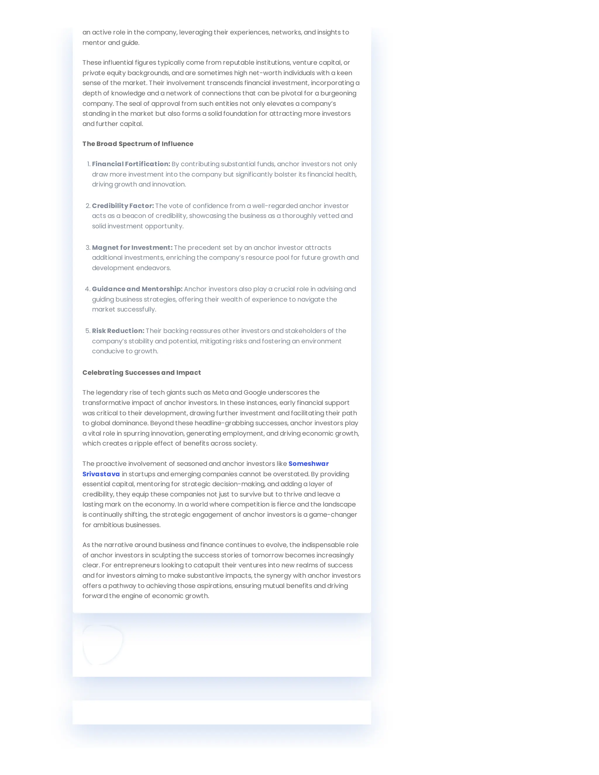 Someshwar Srivastava: Importance of Anchor Investors as Corporate ...