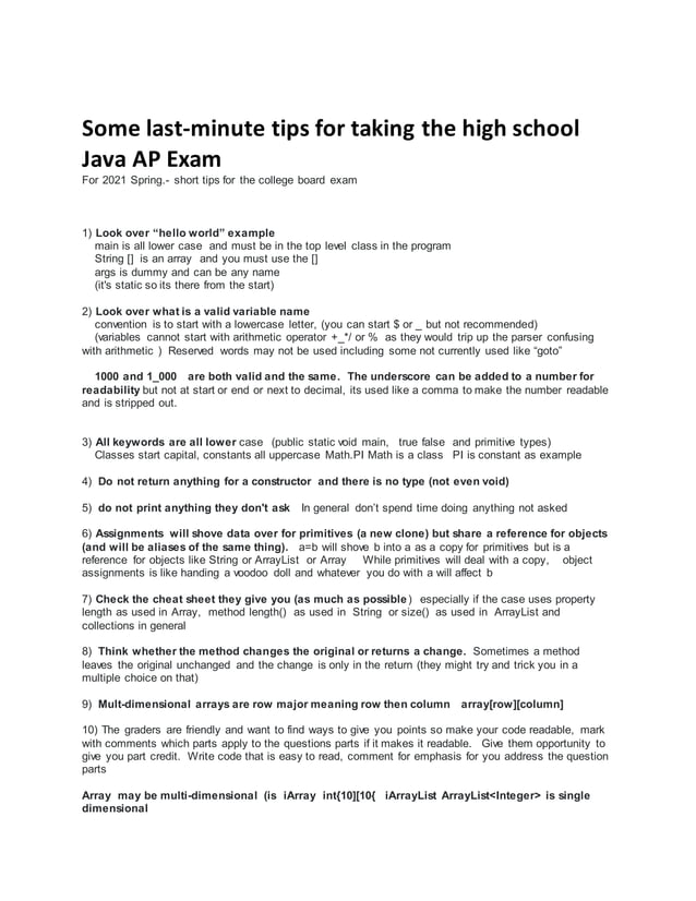 Some tips for taking the High School AP Java college board exam | PDF