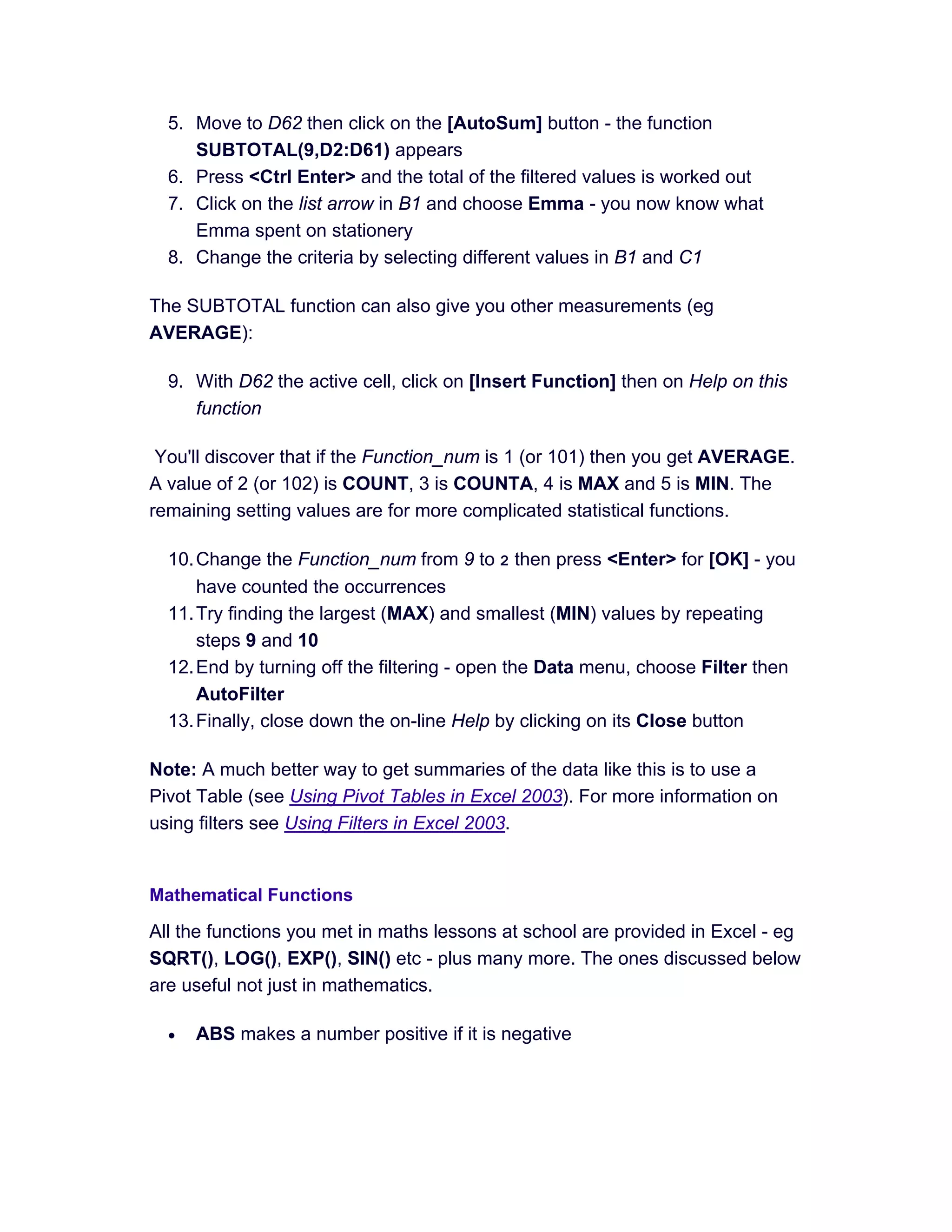 functions_in_microsoft_excel_2003 | PDF