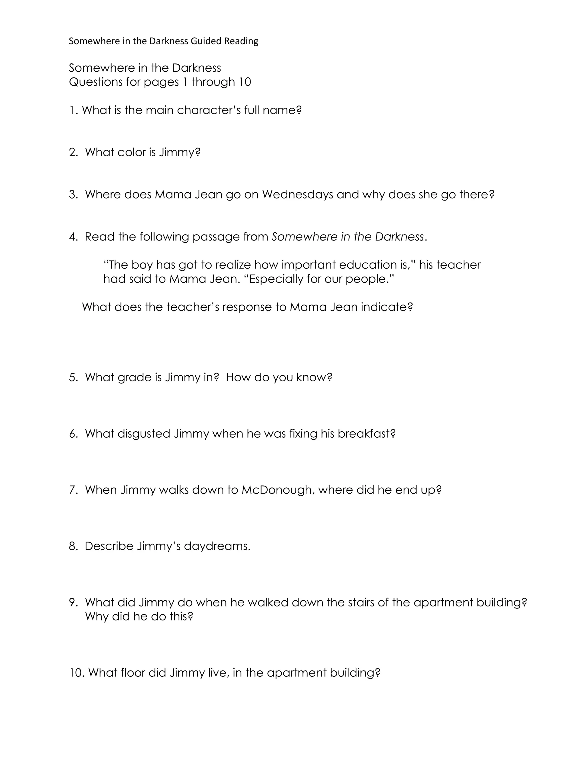Somewhere in the darkness guided reading questions | DOCX