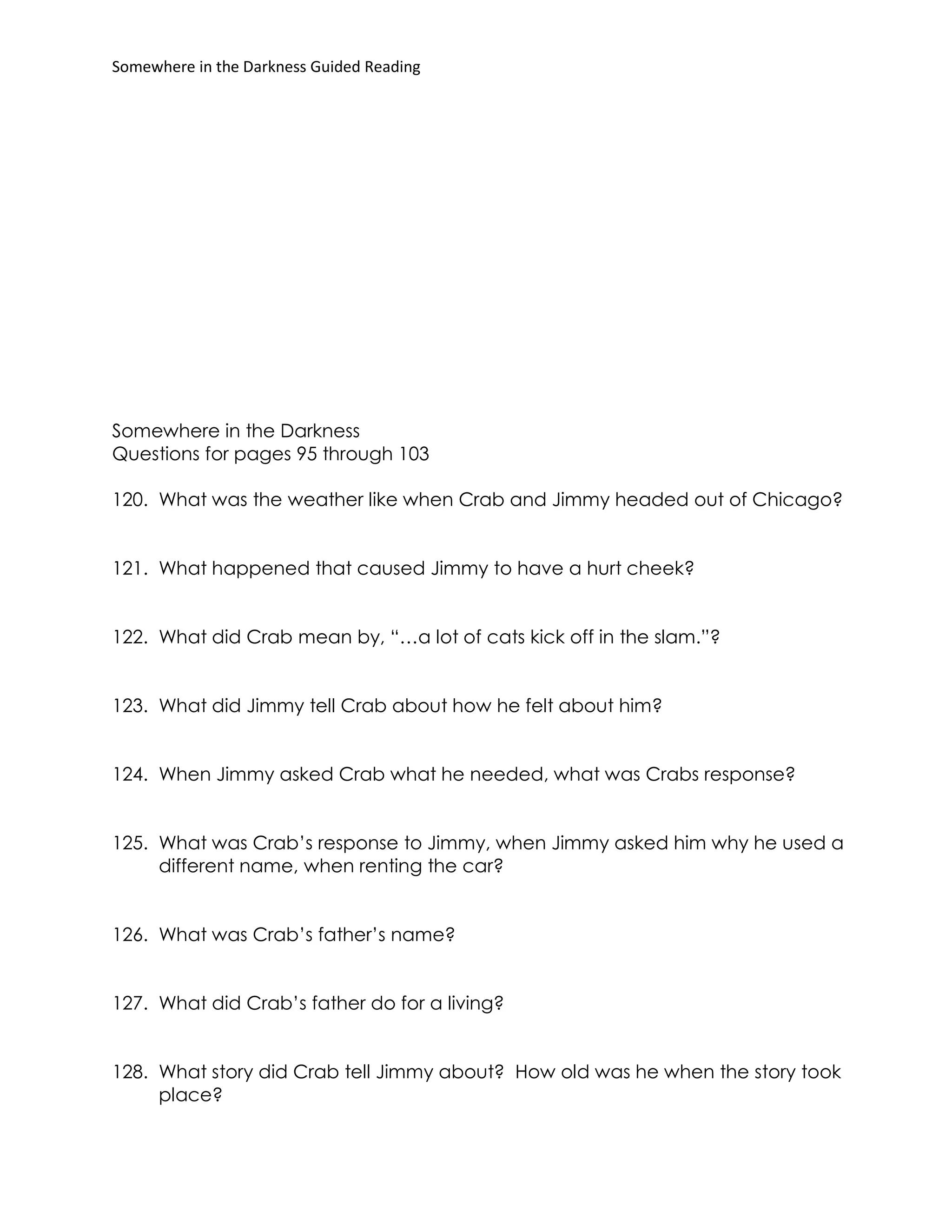 Somewhere in the darkness guided reading questions | DOCX