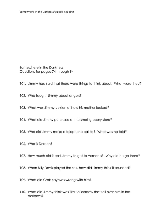 Somewhere in the darkness guided reading questions | DOCX | Zoos ...