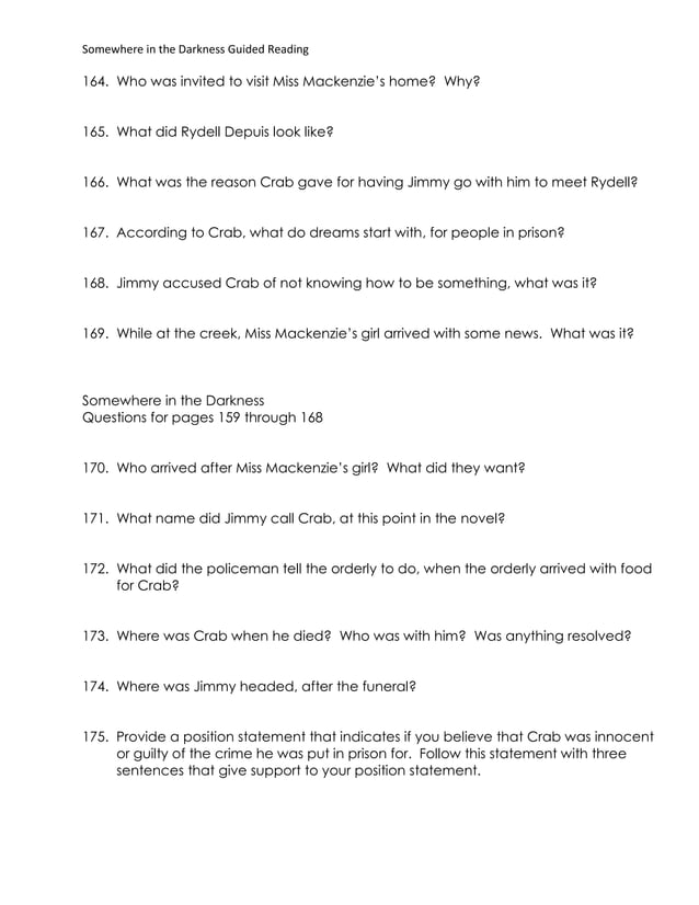 Somewhere in the darkness guided reading questions | DOCX | Zoos ...