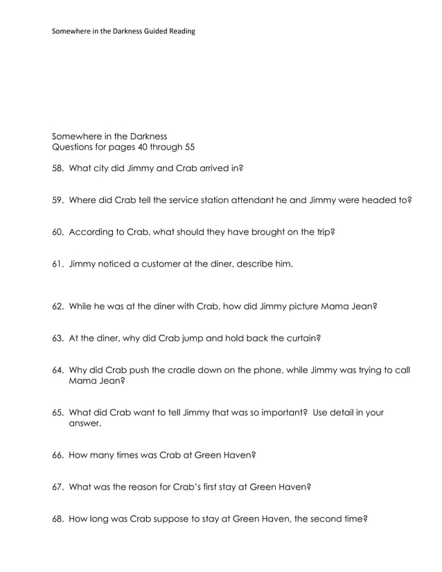 Somewhere in the darkness guided reading questions | DOCX | Zoos ...