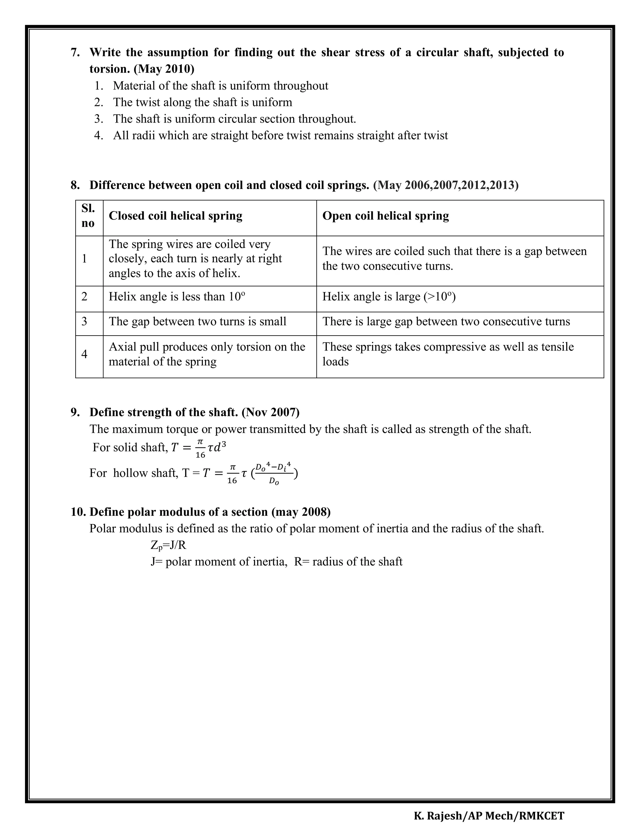 Strength of materials Two mark Question with answers | PDF