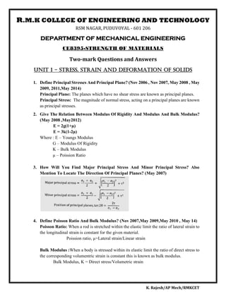 Strength of materials Two mark Question with answers | PDF