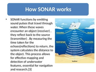 This presentation covers SONAR technology, including its definition, types, functions, frequency ...