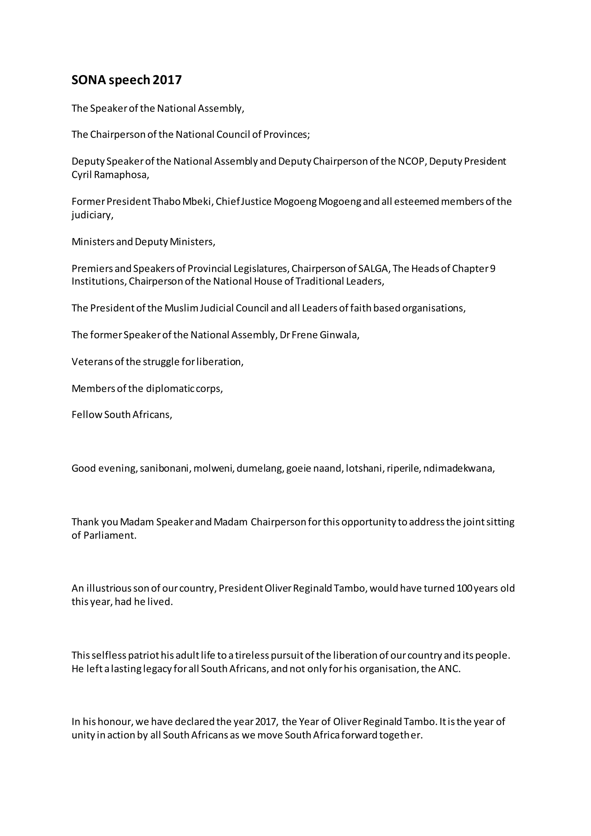 Sona speech 2017 | DOCX | Economy | Business and Finance