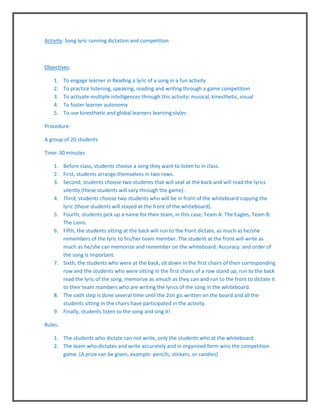 Song lyric-running-dictation-and-competition | PDF | Music | Entertainment