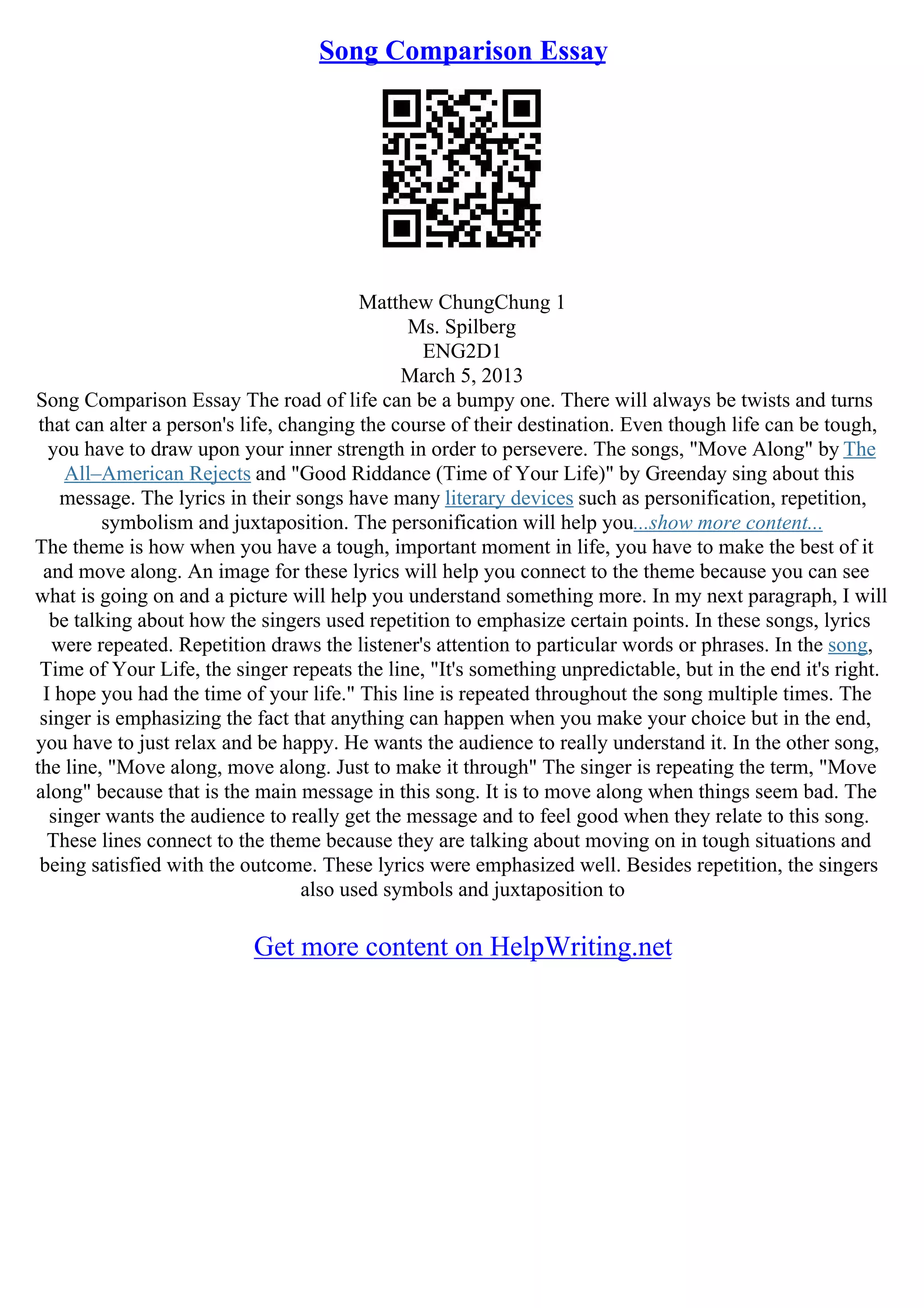 Song Comparison Essay | PDF