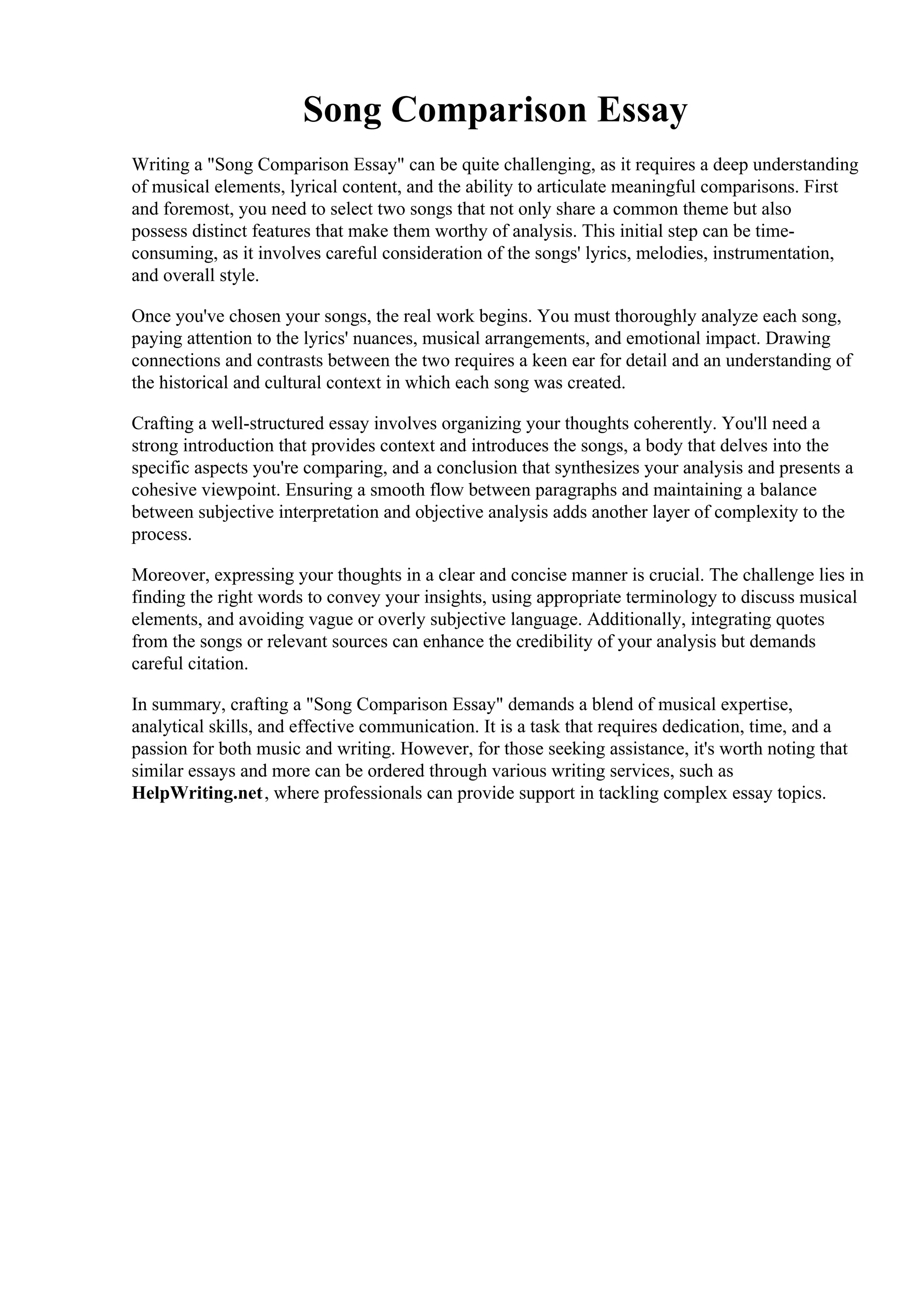 Song Comparison Essay. 017 Song Essay Example Writing Lyrics How To ...