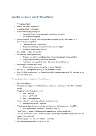 GCSE English Edexcel Relationships: Song for Last Year's Wife by Brian ...