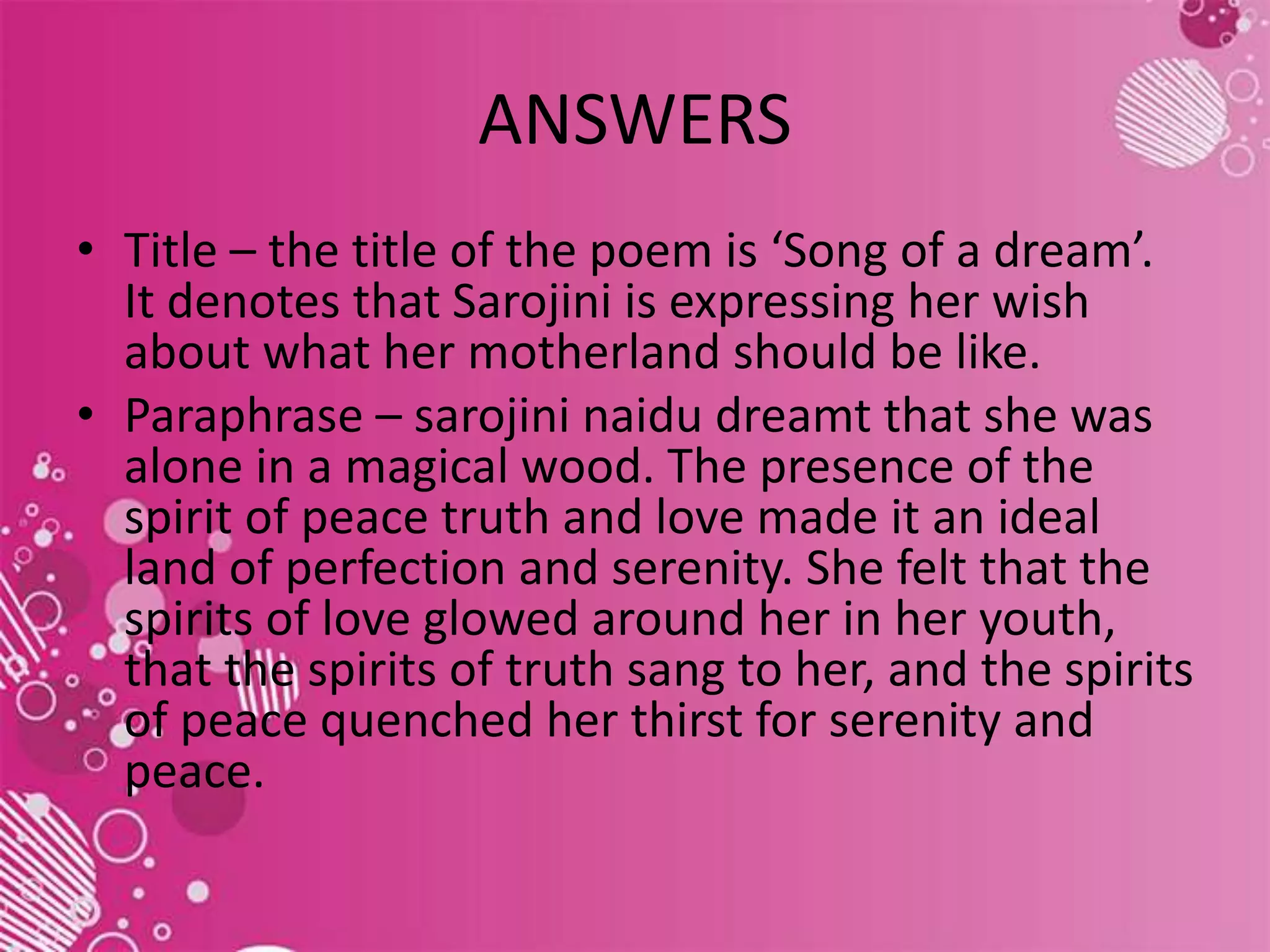 Song of a dream second stanza | PPT