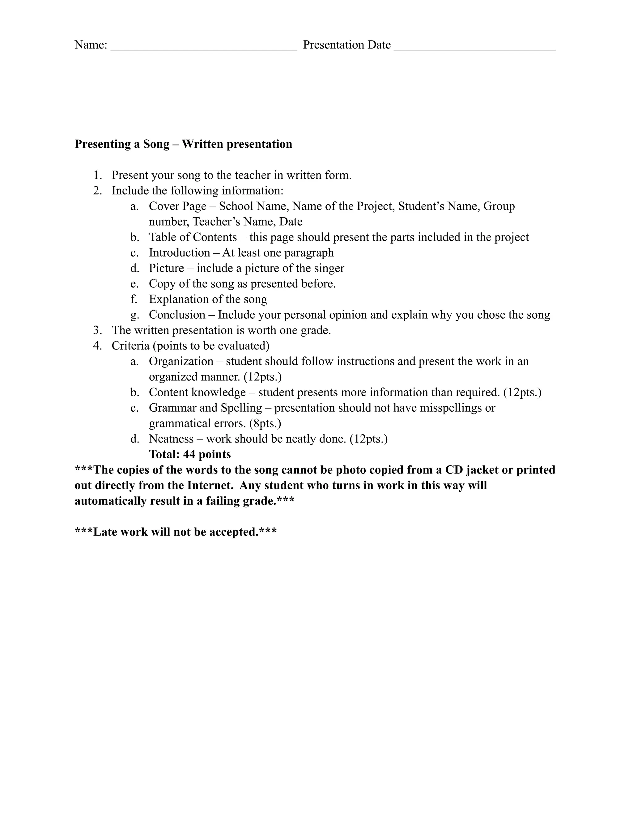 Song Presentation Instructions | PDF