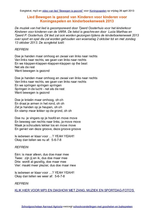 Songtekst koningsspelen lied bewegen is gezond kinderen voor kinderen…