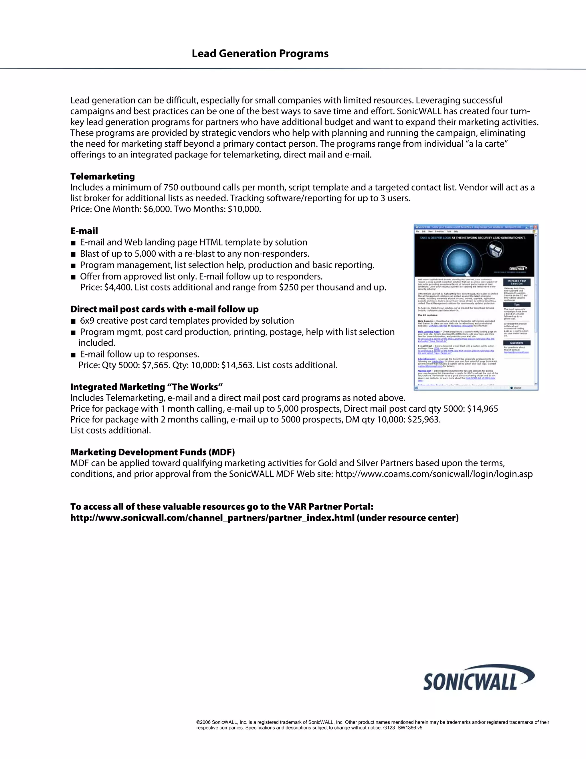 Sonic Wall Marketing Programs For Partners | PDF