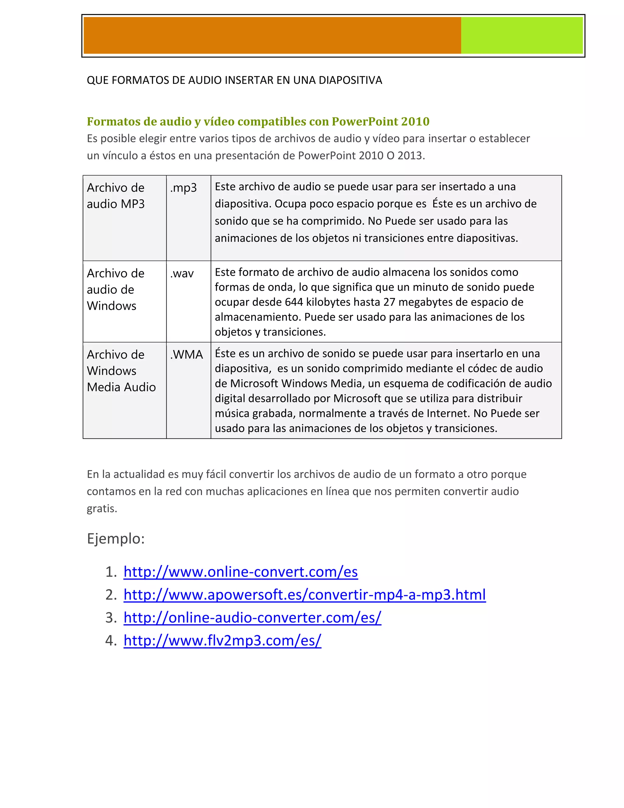FORMATOS DE AUDIO COMPATIBLES CON POWERPOINT | PDF