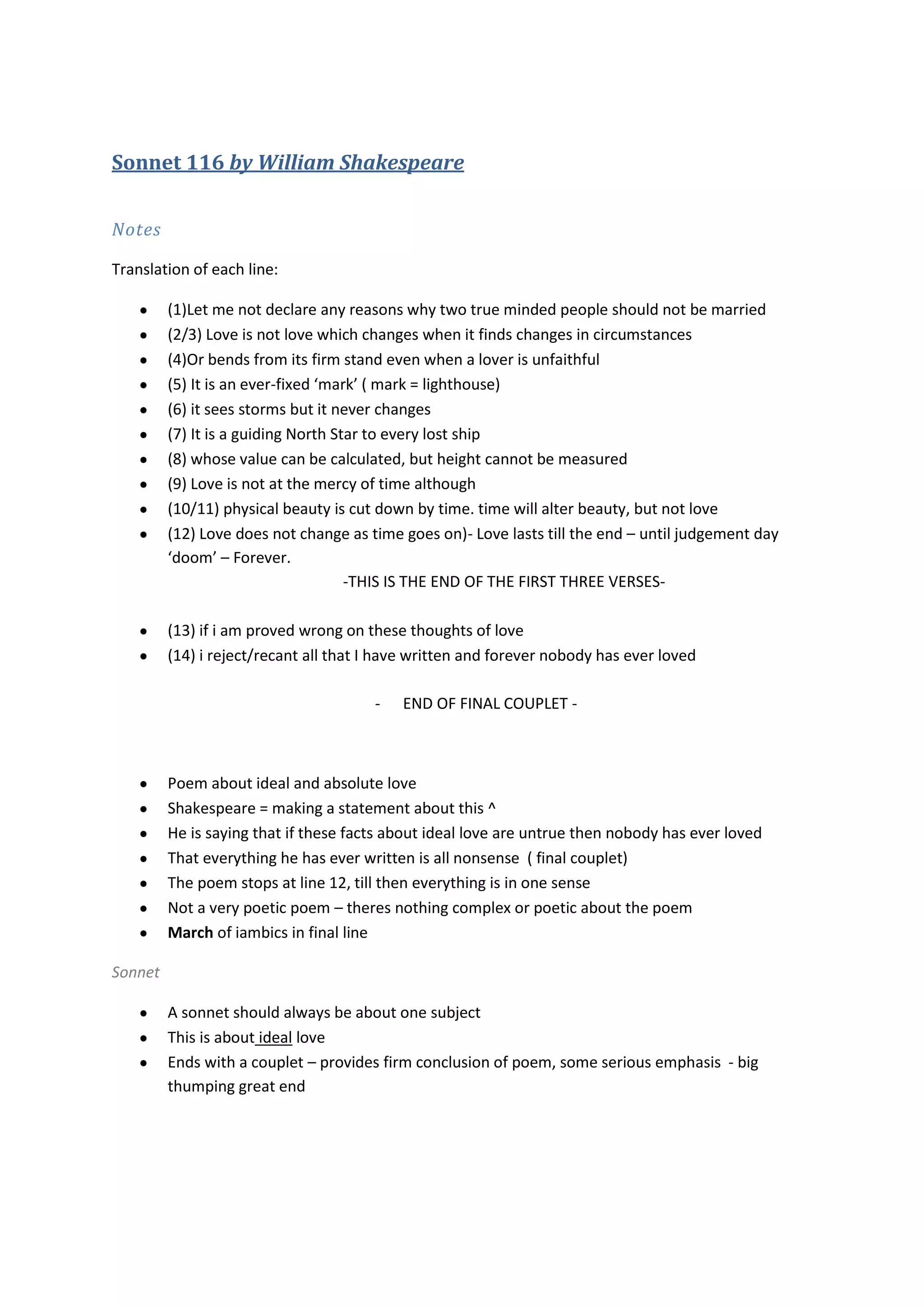 GCSE English Edexcel Relationships: Sonnet 116 by William Shakespeare ...