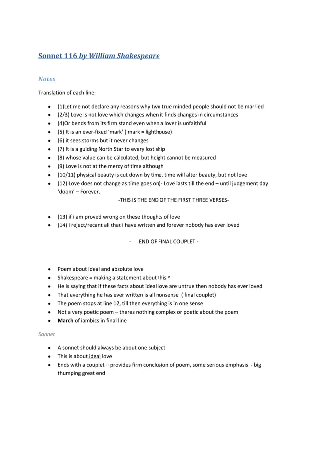 GCSE English Edexcel Relationships: Sonnet 116 by William Shakespeare ...