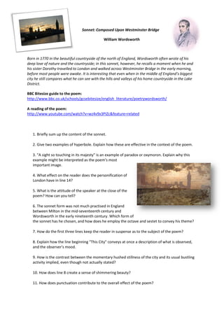 Sonnet composed upon westminster bridge qs | PDF