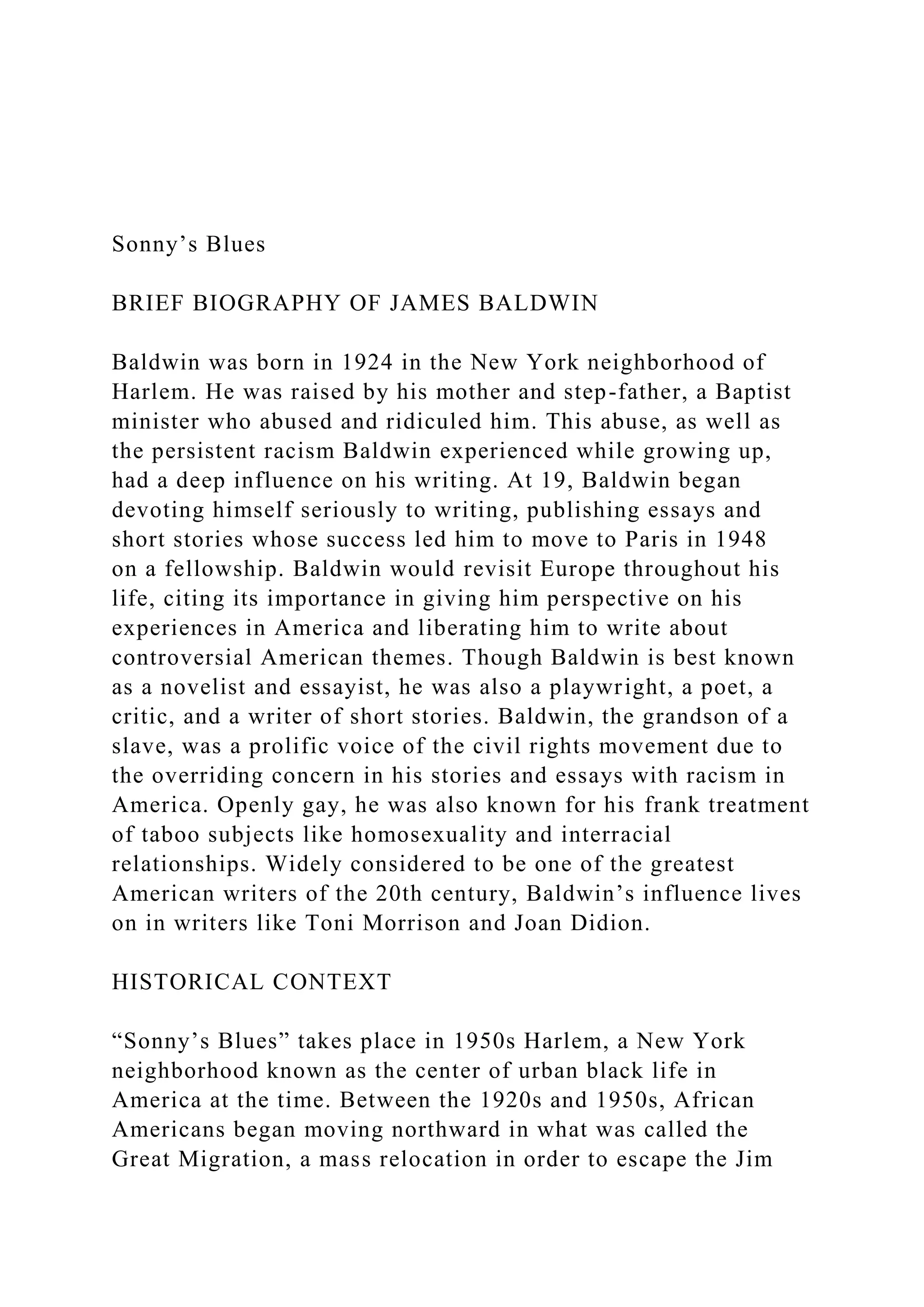 Sonny’s BluesBRIEF BIOGRAPHY OF JAMES BALDWINBaldwin w.docx