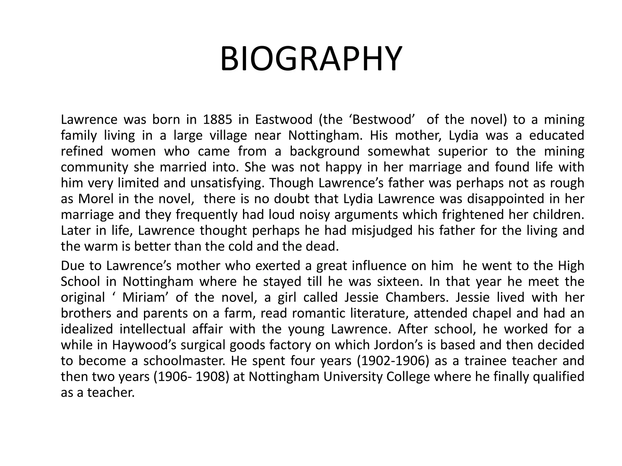 Sons and Lovers: A introduction to the life of David Herbert Lawrence ...