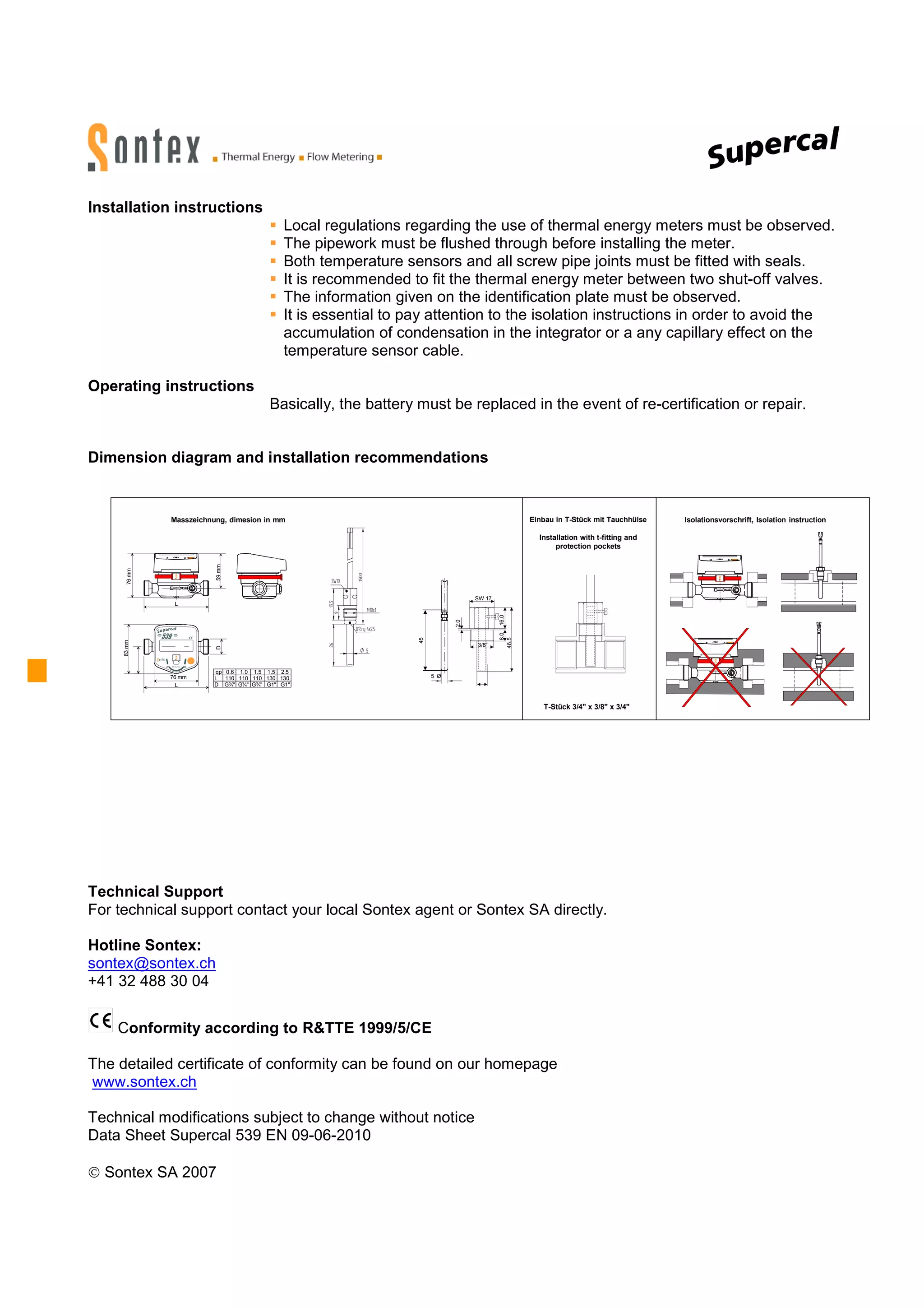 Sontex Supercal 539 Heat Meter - Spec Sheet | PDF