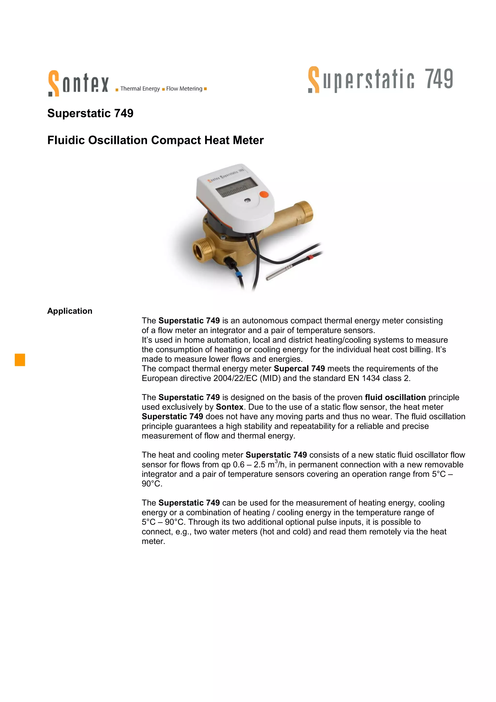 Heat Meters - Sontex Superstatic 749 - Spec Sheet | PDF