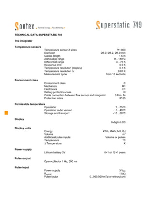 Heat Meters - Sontex Superstatic 749 - Spec Sheet | PDF