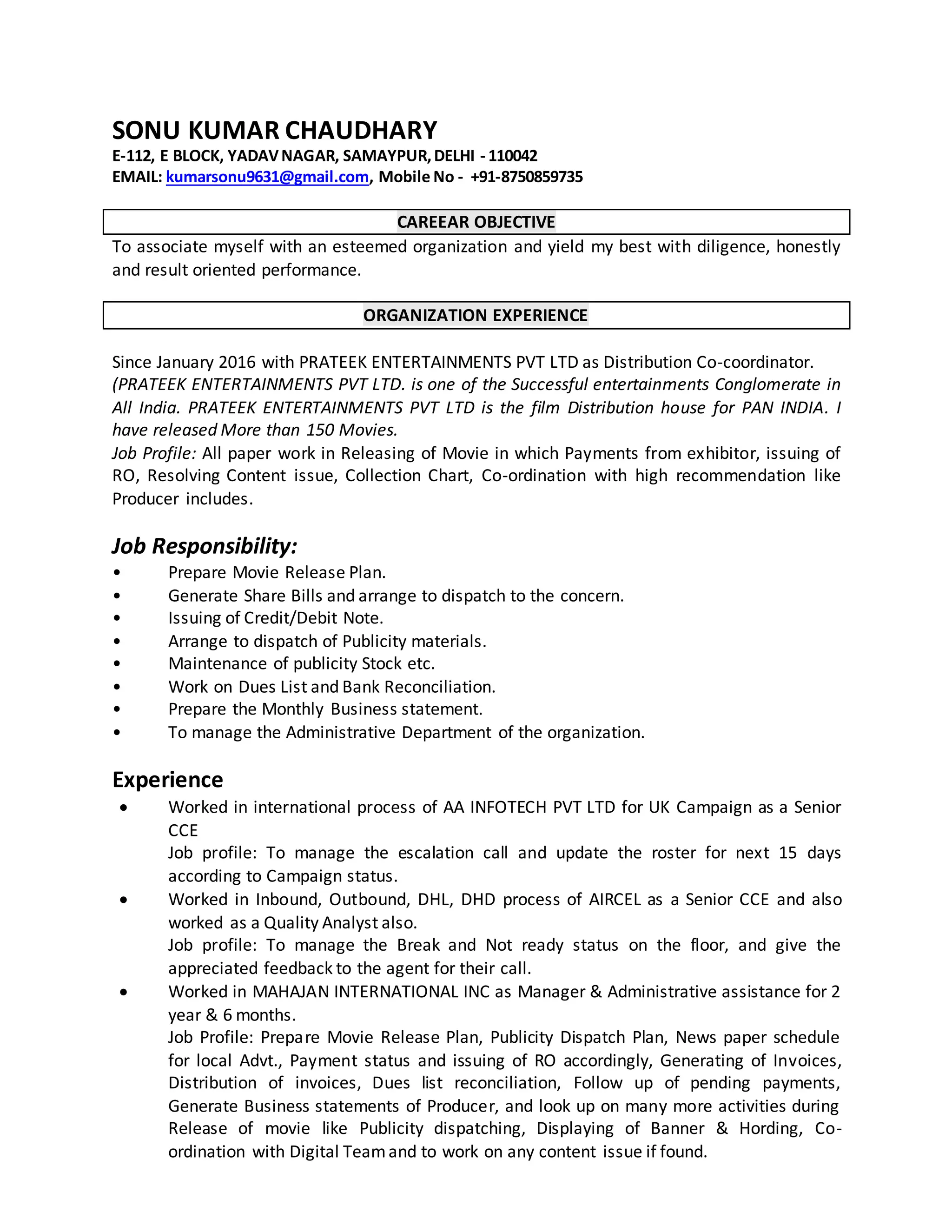 Sonu Chaudhary - Resume. | DOCX