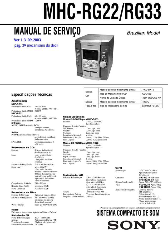 Sony Mhc Rg22,Rg33 Ver. 1.3 | PDF