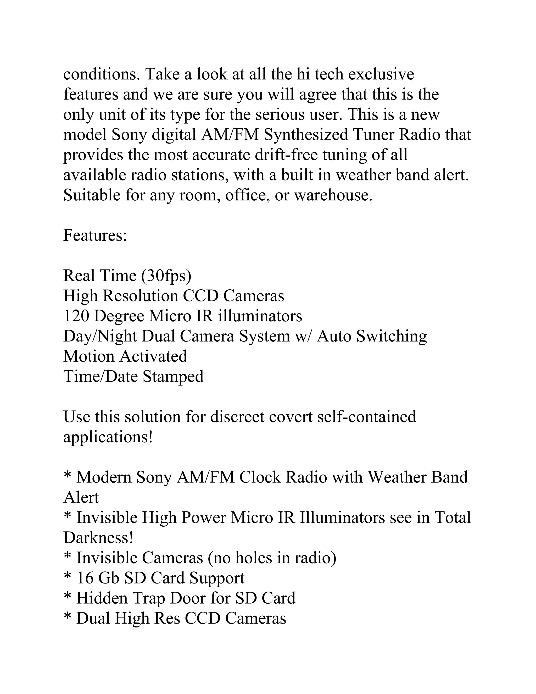 Sony Clock Radio Nanny Spy-Camera W/Built-in Motion-Activated DVR | RTF