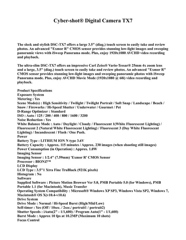 Sony cyber shot dsc tx7 | PDF