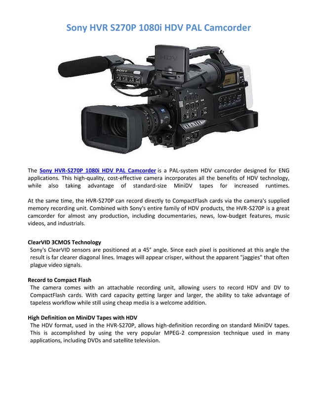 Sony hvr s270 p 1080i hdv pal camcorder | PDF