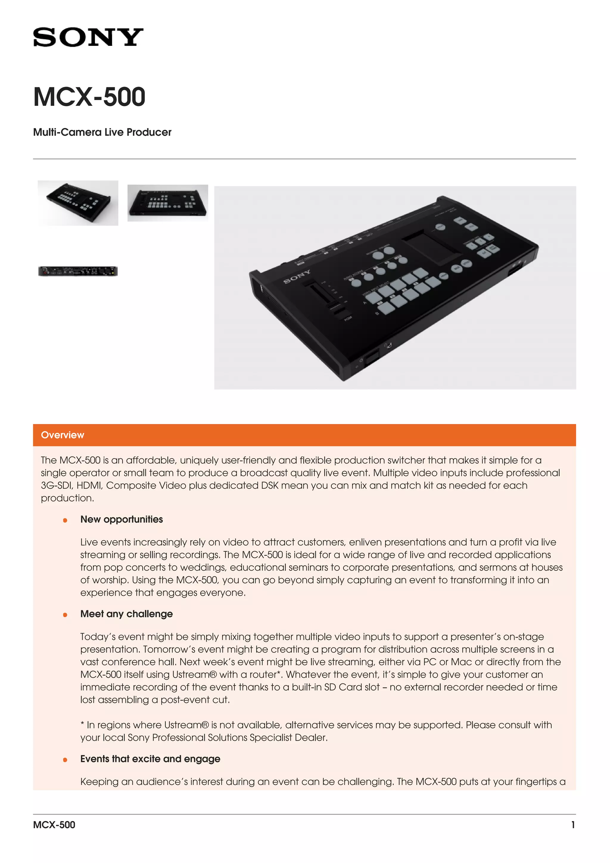 Sony MCX-500 Live Production Switcher | PDF