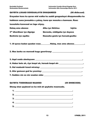 Soomaali 2011 PUNTLAND NATIONAL EXAMINATION BOARD (PNEB) | PDF