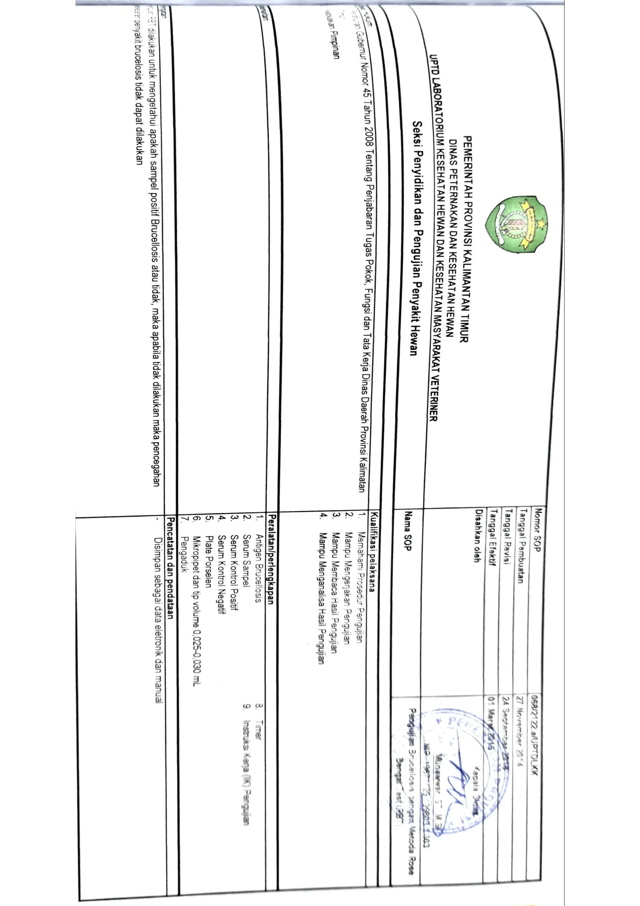 Sop lab keswan dan kesmavet prov kalimantan Timur | PDF