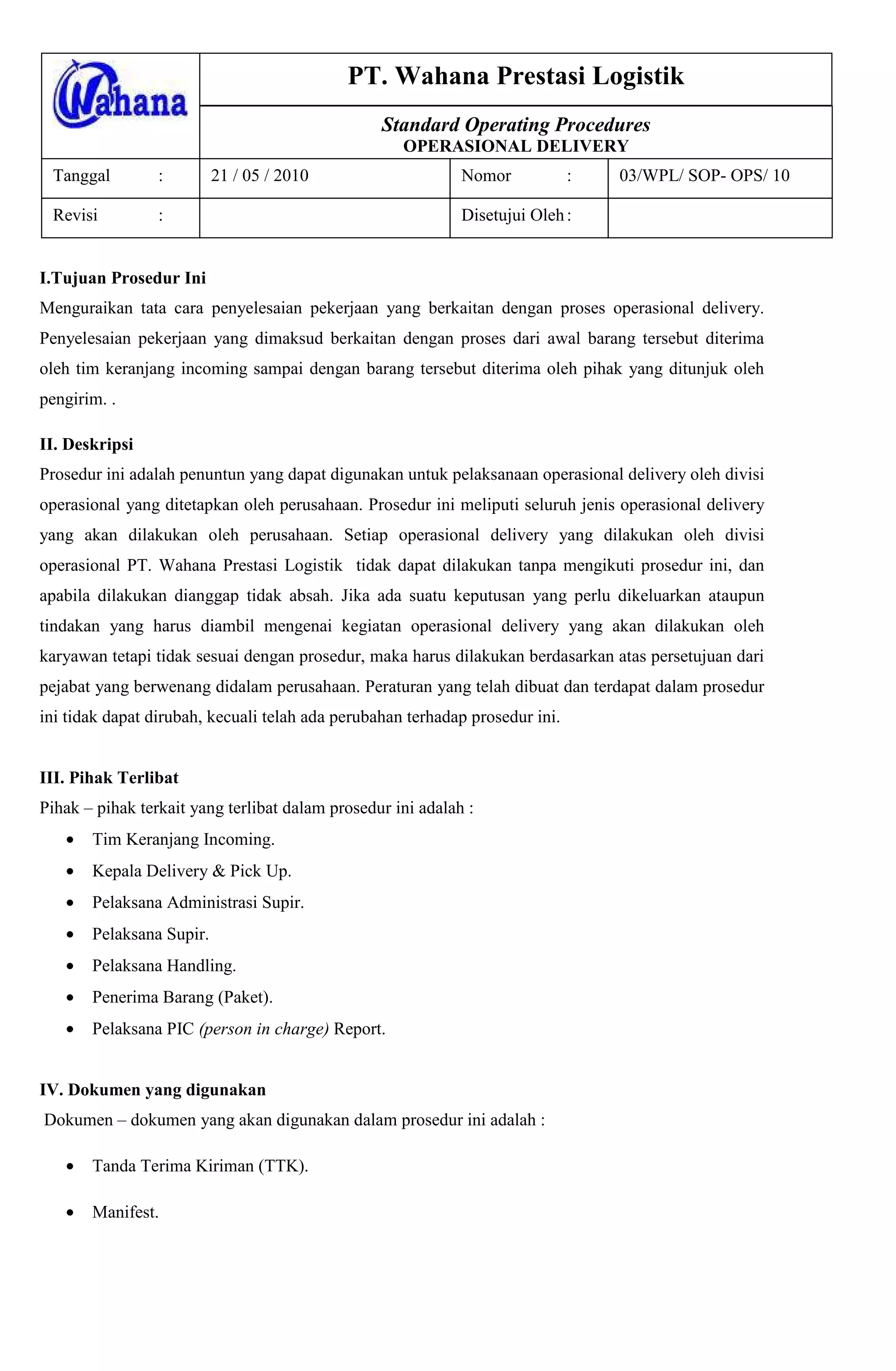 SOP Delivery Bussiness | PDF