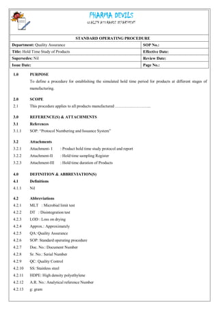 protocol-for-Hold-time-Study-of-Products | PDF