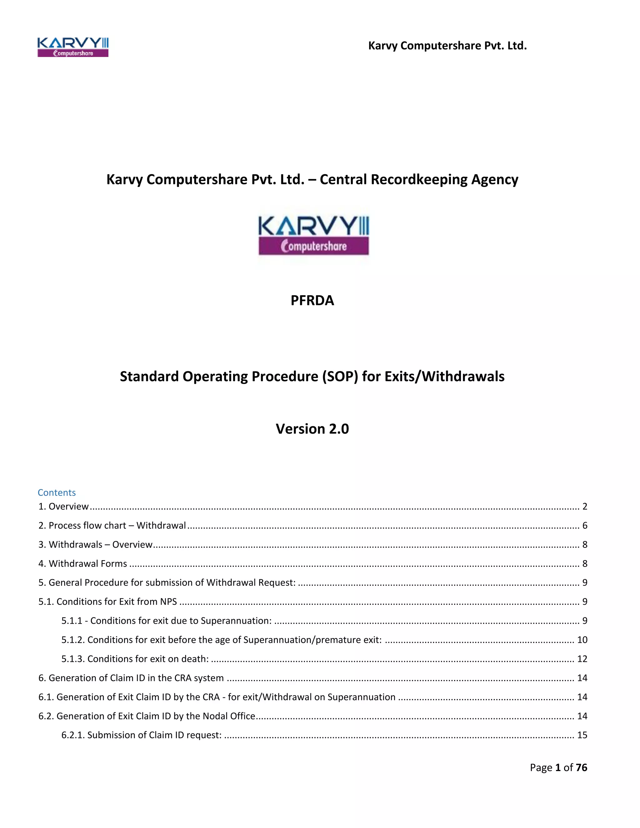 Standard Operating Procedure (SOP) for Exits/Withdrawals - KARVY NPS | PDF