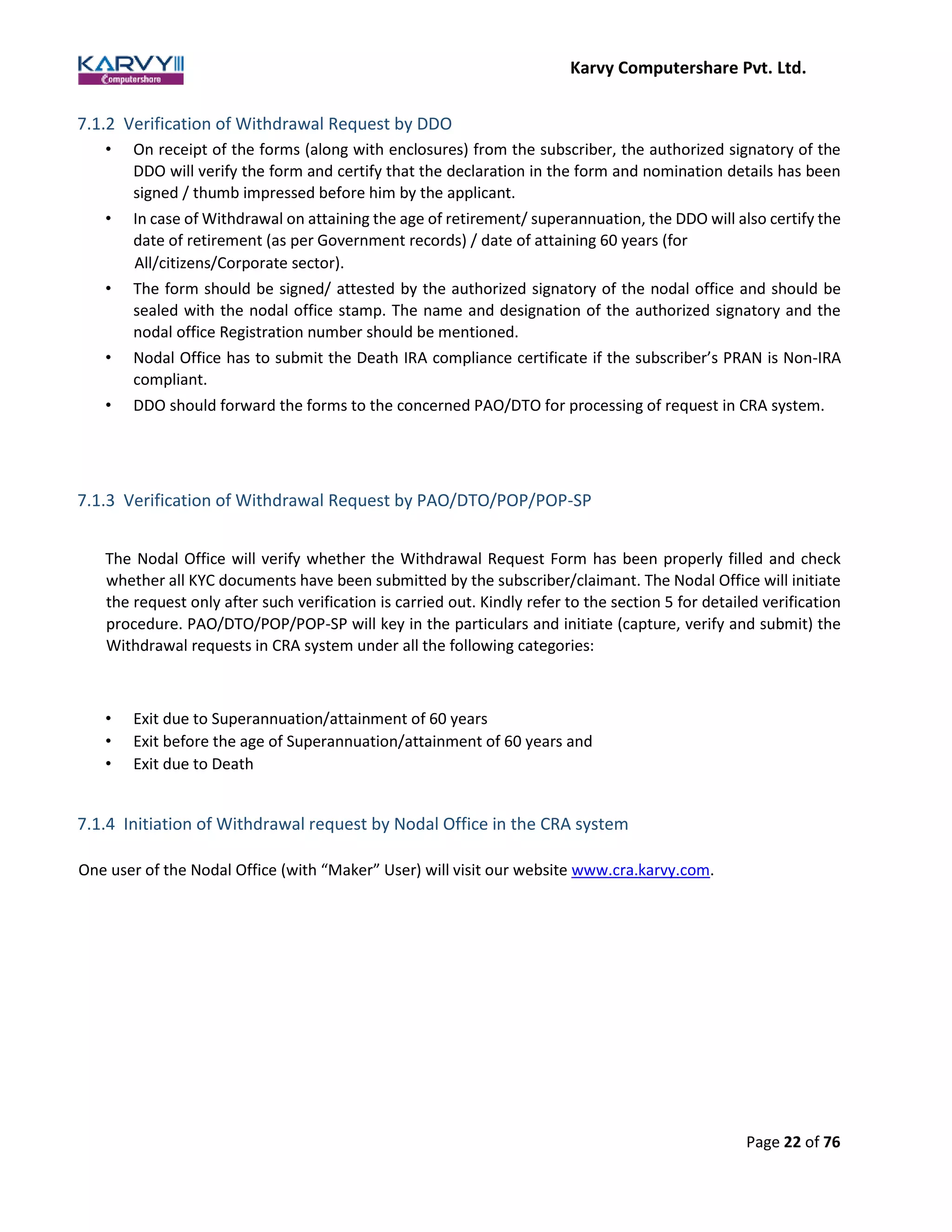 Standard Operating Procedure (SOP) for Exits/Withdrawals - KARVY NPS | PDF